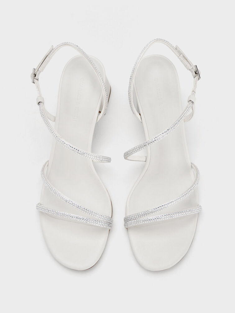 White Satin Crystal-Embellished Strappy Sandals - CHARLES & KEITH VN