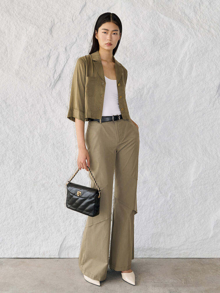 Fawn Panelled Front Flap Chain-Handle Bag - Black - CHARLES & KEITH VN