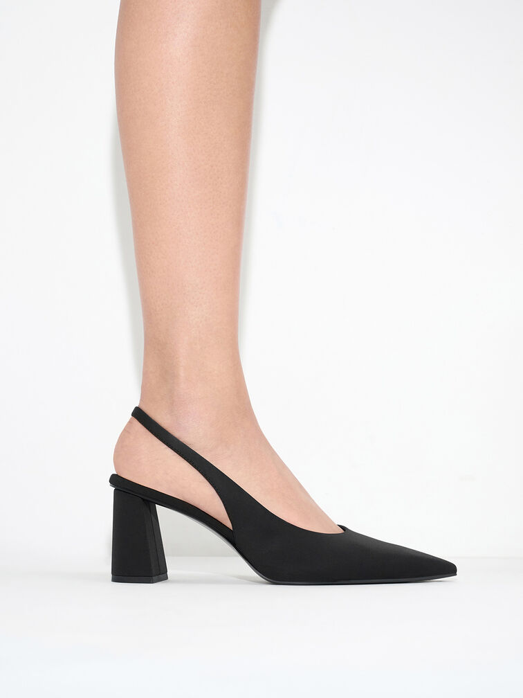 Black Teagan Elastane Trapeze Heel Slingback Pumps - Black - CHARLES ...