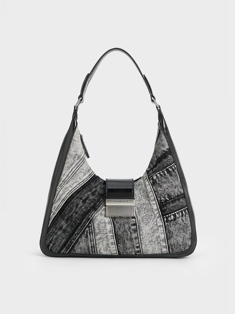 Túi đeo vai hình thang Charlot Patchwork Denim Hobo đen noir - CHARLES ...