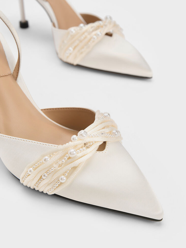 Giày cao gót mũi nhọn Beaded Satin Ankle-Strap white - CHARLES & KEITH VN
