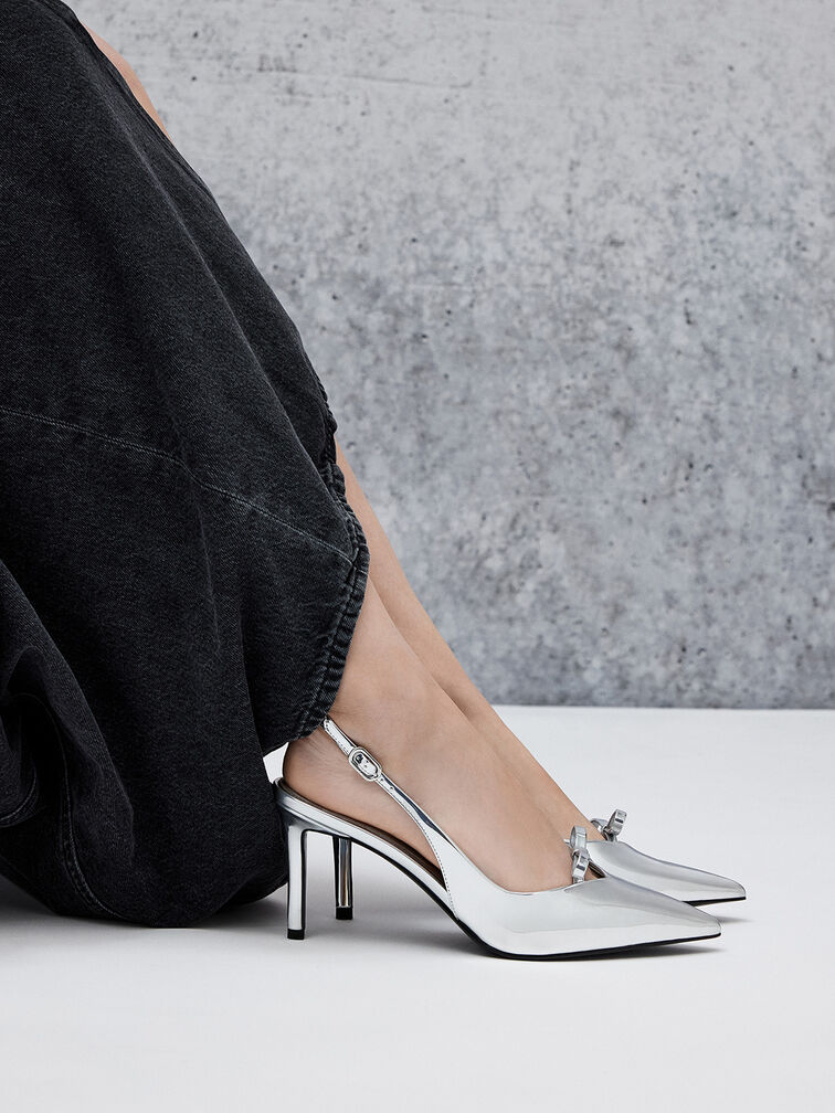 Silver Metallic Bow Slingback Pumps - CHARLES & KEITH VN