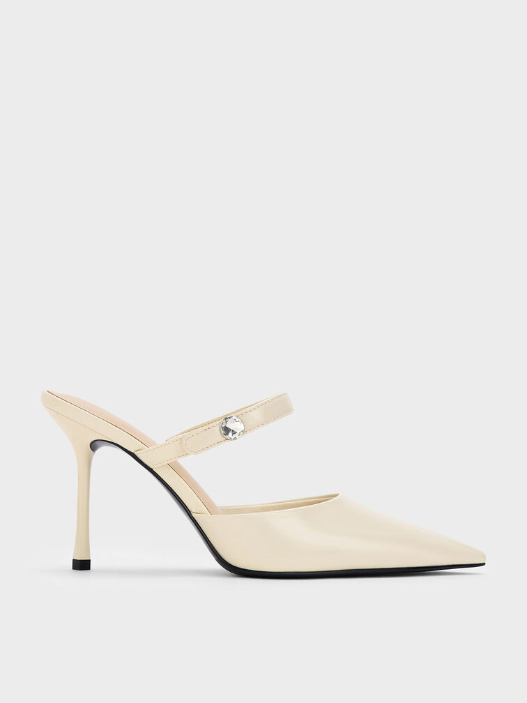 Chalk Patent Crystal-Accent Stiletto-Heel Mules - CHARLES & KEITH VN