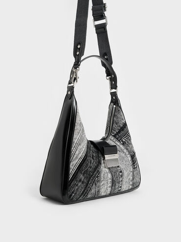 Túi đeo vai hình thang Charlot Patchwork Denim Hobo đen noir - CHARLES ...
