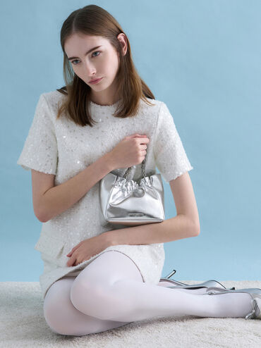 Túi đeo vai Brigette Ruched Glittered Chain-Handle bạc - Bạc - Giảm giá ...