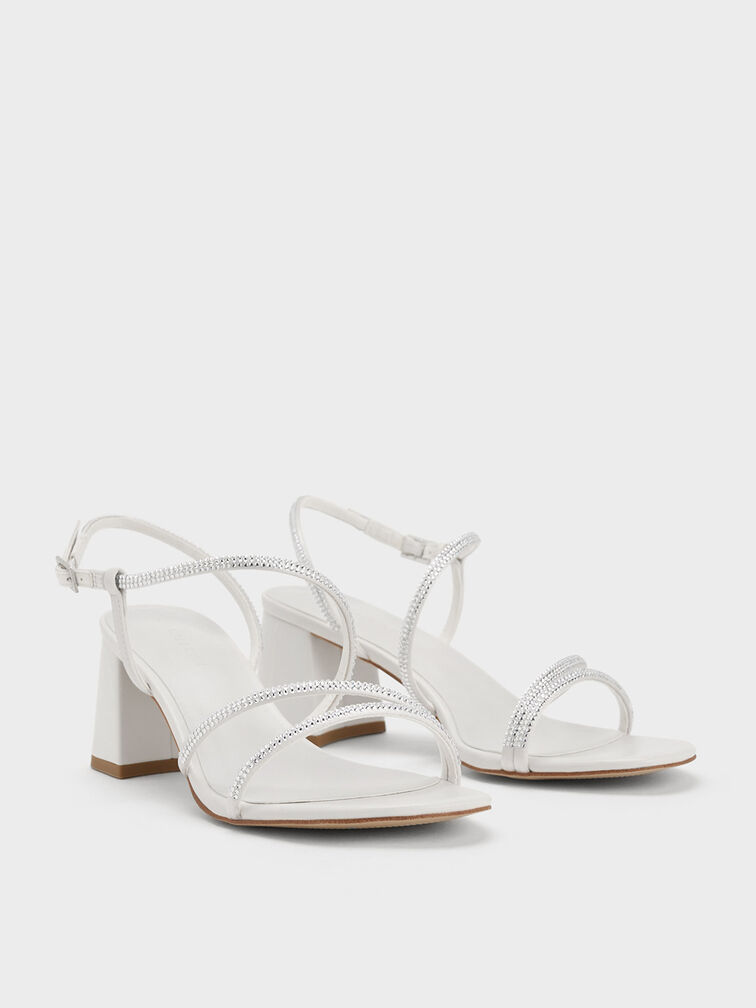Giày sandals cao gót Satin Crystal-Embellished trắng - CHARLES & KEITH VN