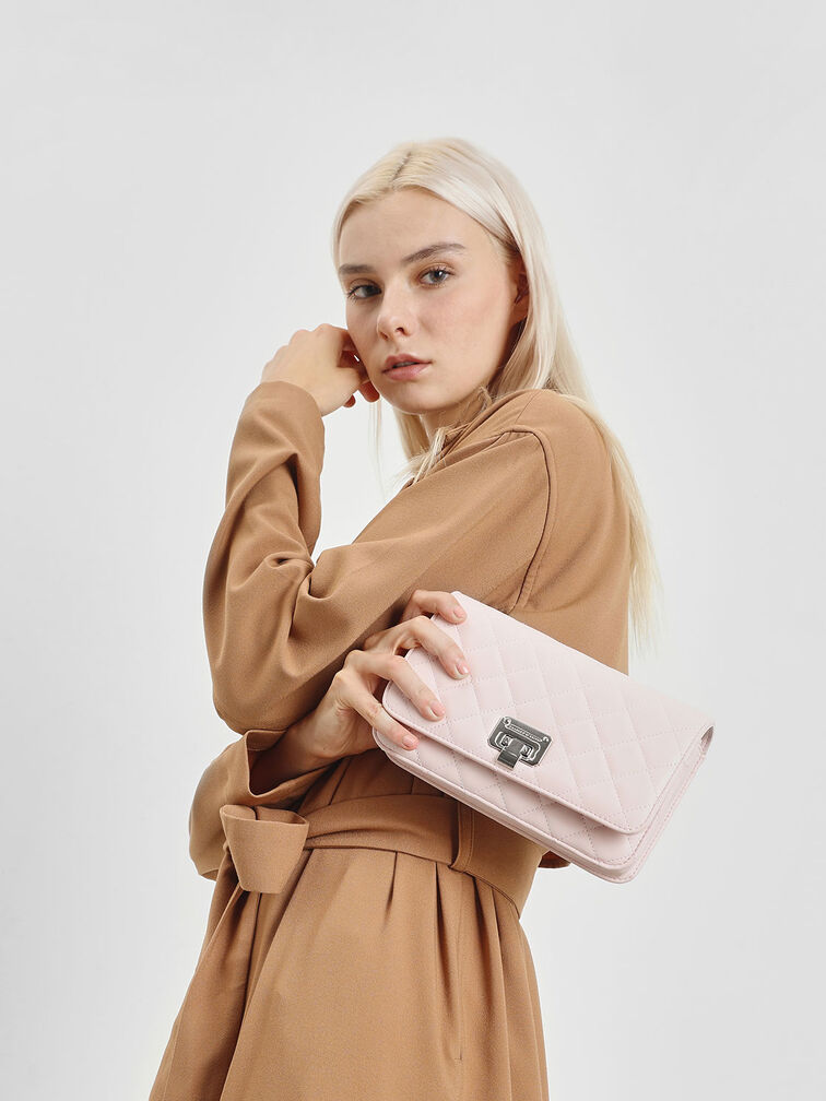 Pink Quilted Flip-lock Clutch - CHARLES & KEITH VN