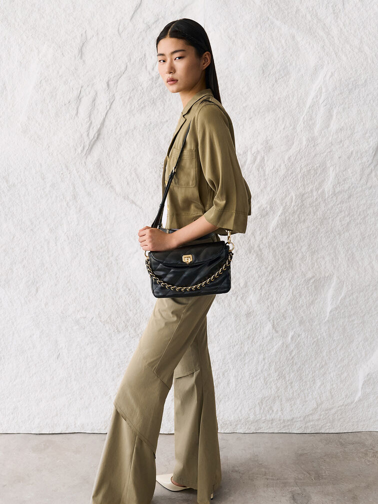 Túi xách Fawn Panelled Front Flap Chain-Handle - Đen - CHARLES & KEITH VN