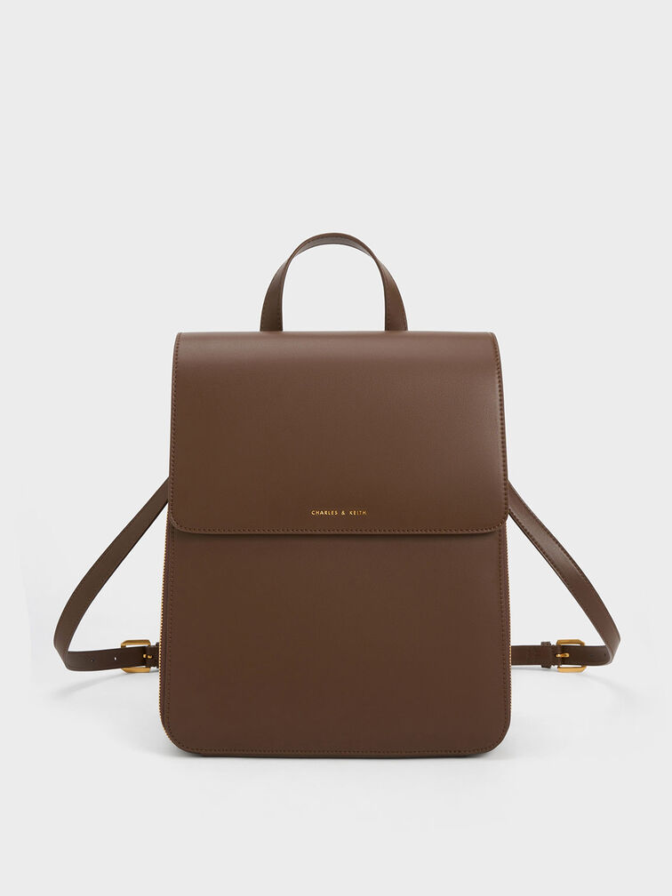 Dark Brown Octavia Front Flap Structured Backpack - CHARLES & KEITH VN