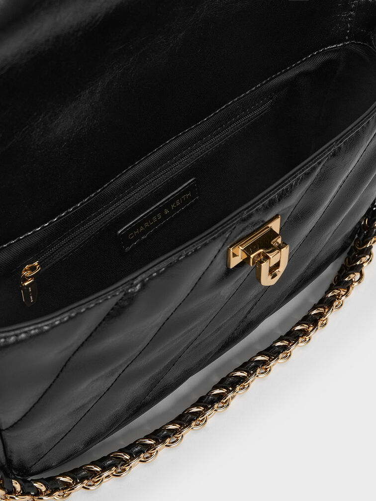 Fawn Panelled Front Flap Chain-Handle Bag - Black - CHARLES & KEITH VN