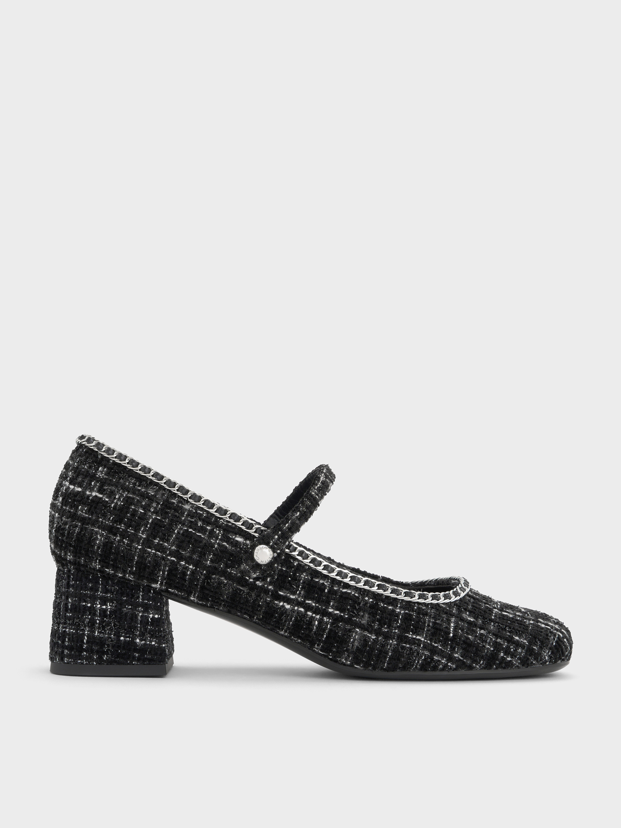 Giày búp bê đế cao Tweed Braided-Chain - Đen họa tiết - CHARLES & KEITH VN