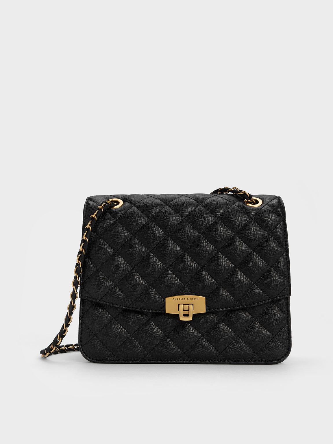 Túi đeo vai nữ chữ nhật Quilted Chain Strap - Đen - CHARLES & KEITH VN